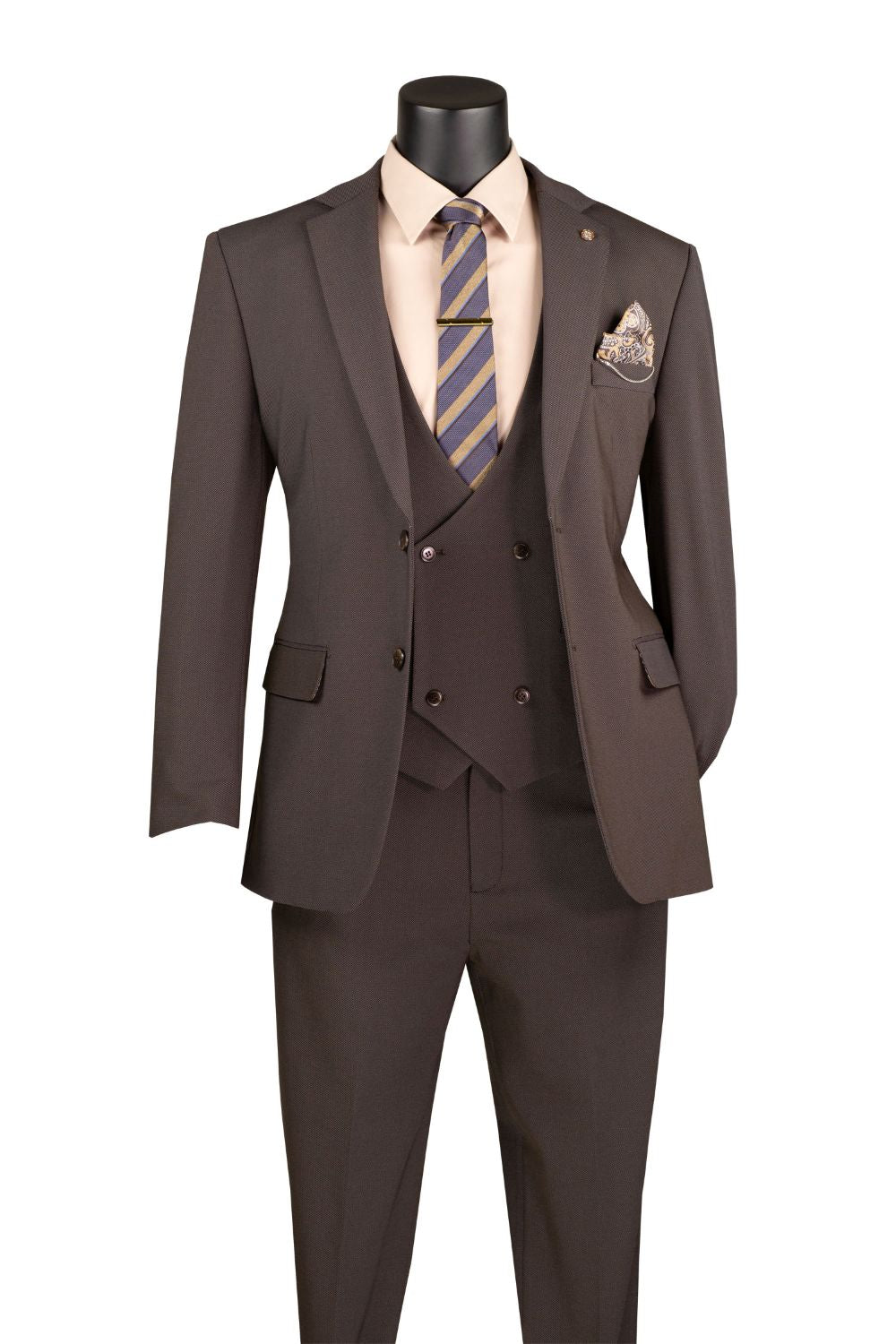 Brown Modern Fit Bird’s-Eye 3-Piece Suit with Double-Breasted Vest ...
